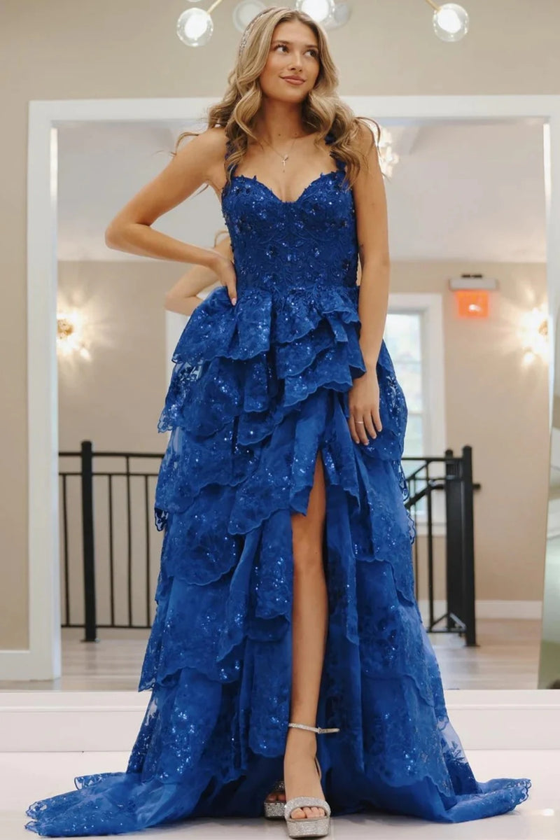 Sweetheart Neck Royal Blue Lace Layered Prom Dresses, Royal Blue Lace – Eip Collection
