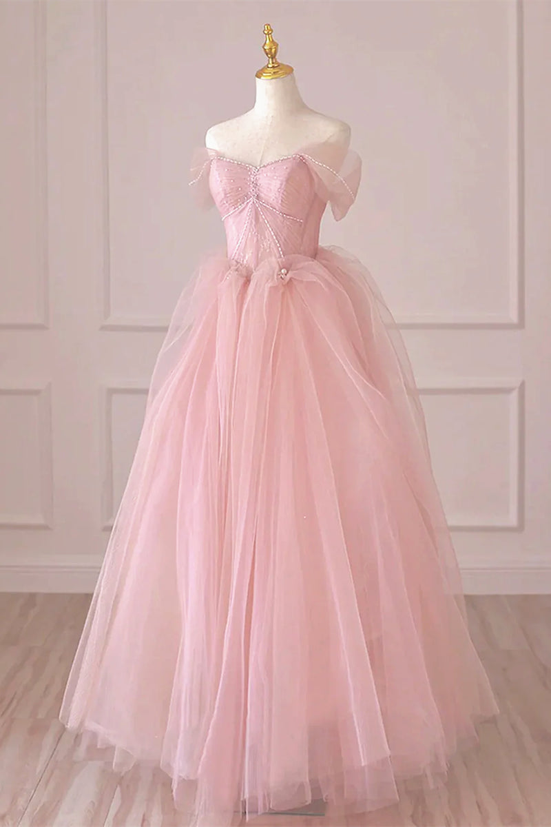 Off The Shoulder Pink Tulle Prom Dresses Pink Tulle Long Formal Gradu