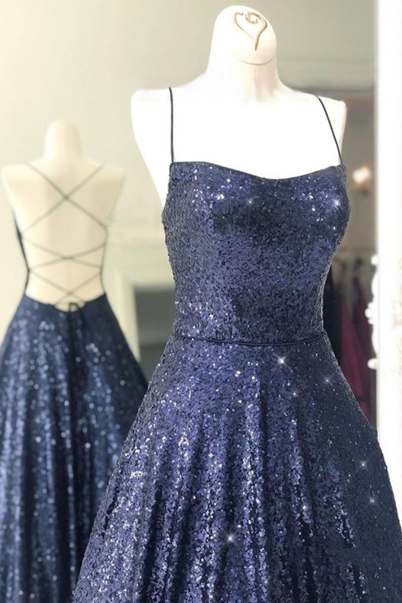 Sparkly Backless Navy Blue Long Prom Dresses Open Back Long Navy Blue