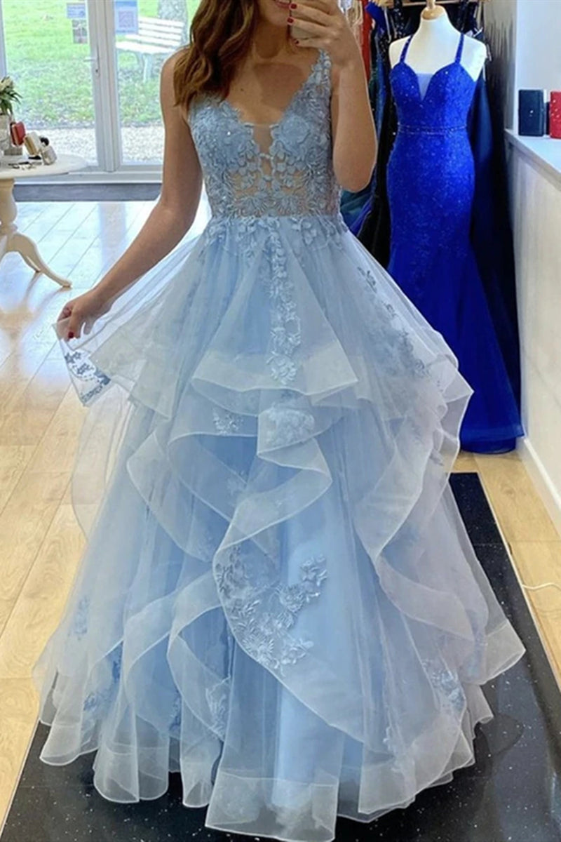 V Neck Blue Lace Prom Dresses, Blue Lace Long Formal Evening Dresses – Eip Collection