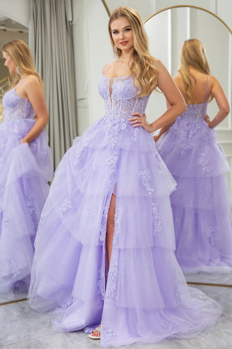 A Line Lilac Purple Lace Layered Prom Dresses, Purple Layered Lace For ...