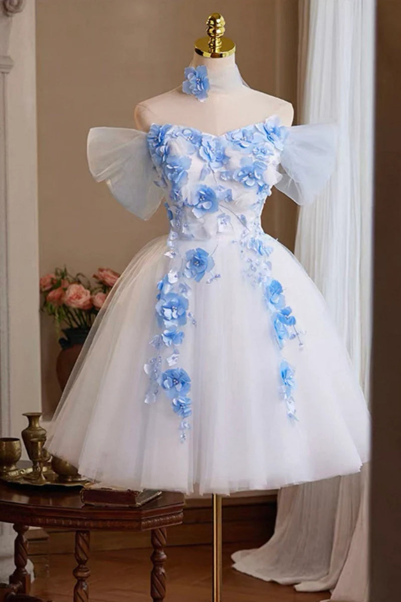A Line Off the Shoulder Short Blue Floral Prom Dresses, Short 3D Flora ...