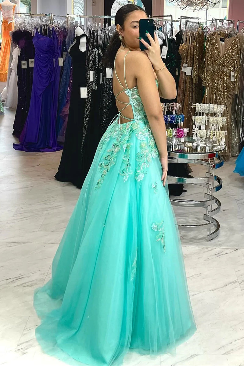 A Line V Neck Backless Aqua Lace Long Prom Dresses, Aqua Lace Formal G ...