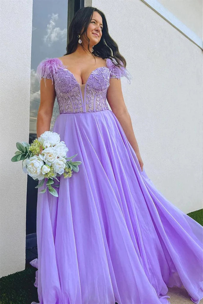 A Line V Neck Lilac Lace Long Prom Dresses with Feather, Lilac Lace Fo ...