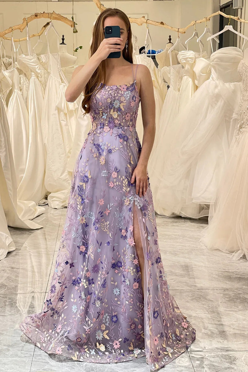 Backless Purple Floral Long Prom Dresses, Open Back Purple Floral Long ...