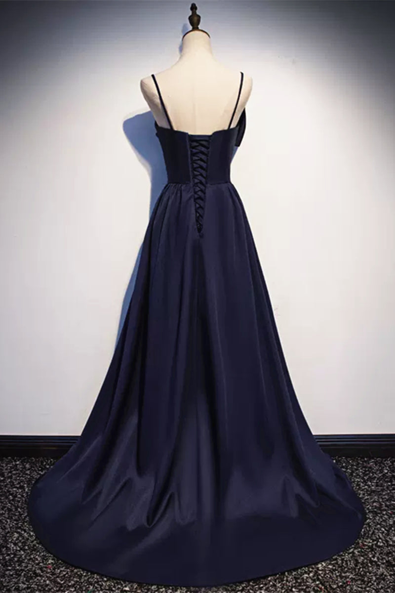 Dark Navy Blue Long Satin Prom Dresses, Dark Navy Blue Long Formal Eve ...
