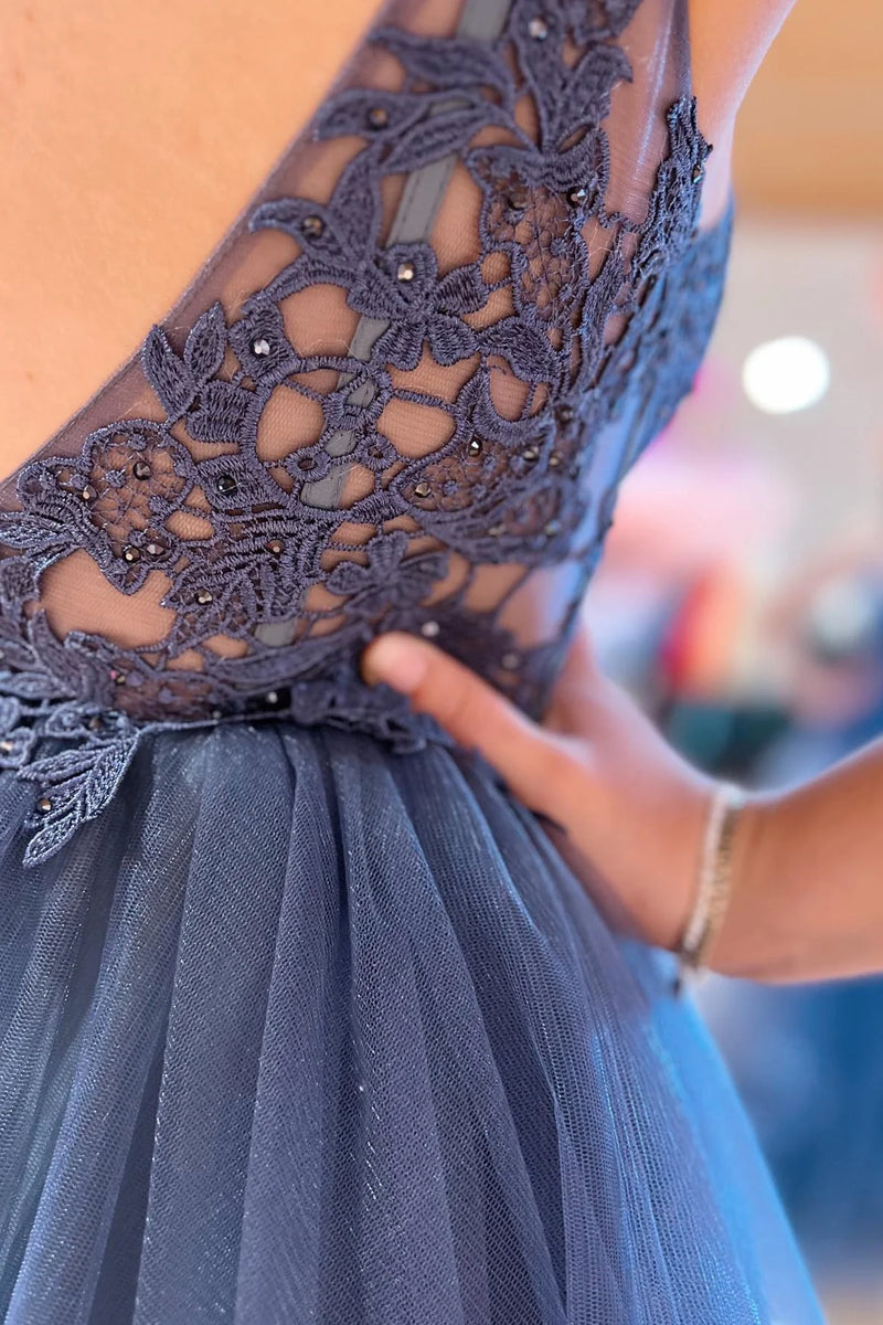 Deep V Neck Blue Beaded Appliques Multi Layers Long Prom Dress, Multi ...