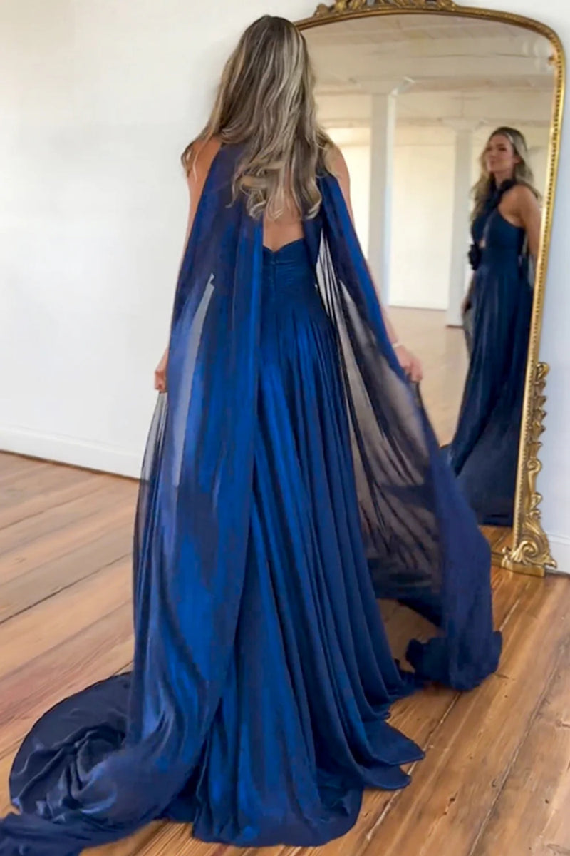 Halter Neck Dark Navy Blue Prom Dresses, Halter Neck Dark Blue Formal ...