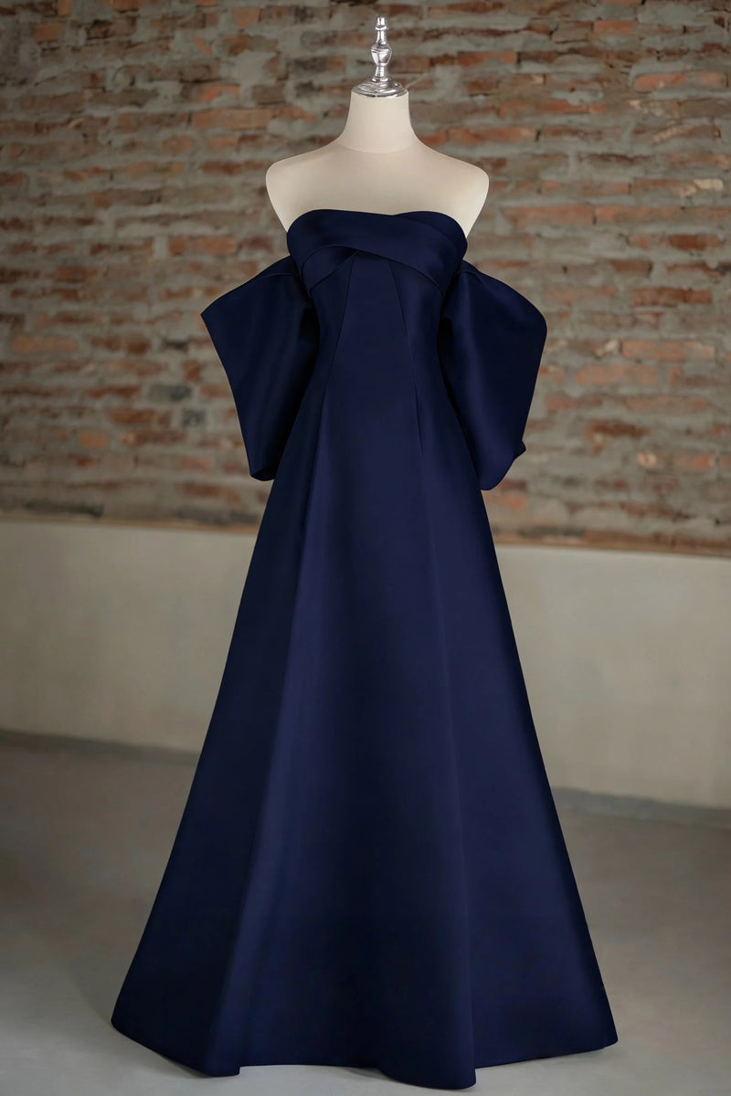 Off the Shoulder Blue Black Long Satin Prom Dresses, Off Shoulder Blue ...