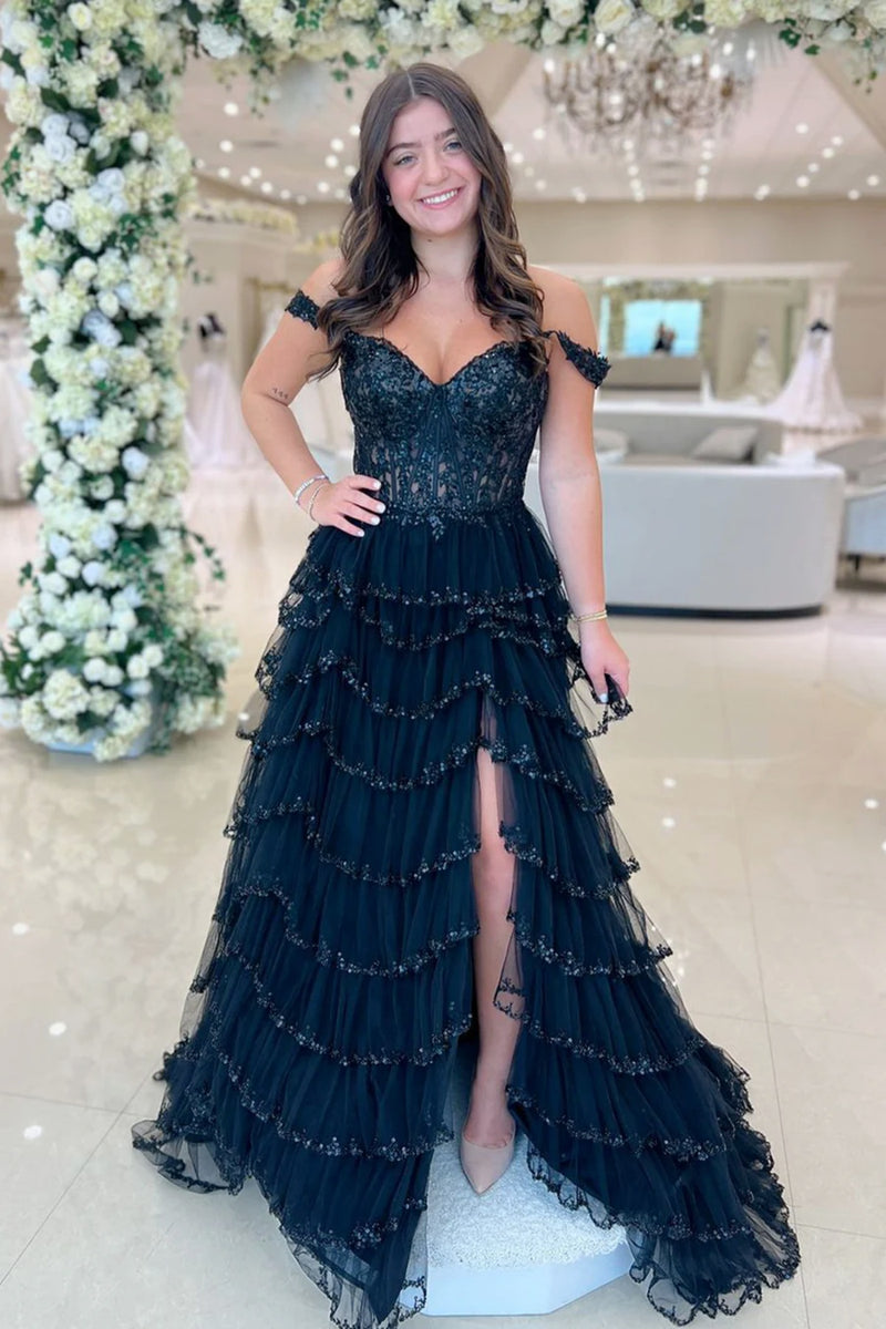 Off the Shoulder Black Layered Lace Prom Dresses, Black Layered Lace F ...