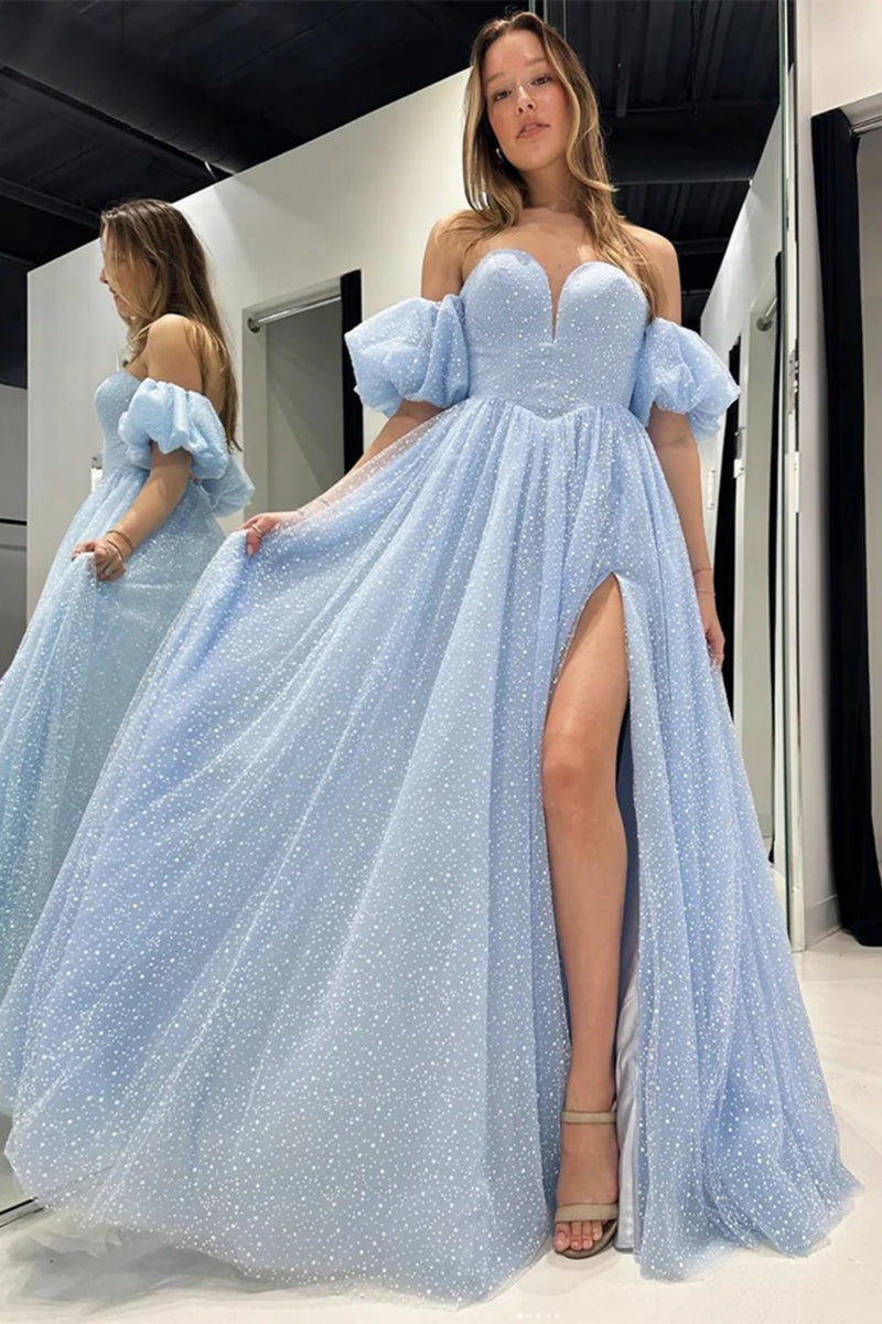 Off the Shoulder Blue Tulle Prom Dresses, Off Shoulder Blue Tulle Form ...