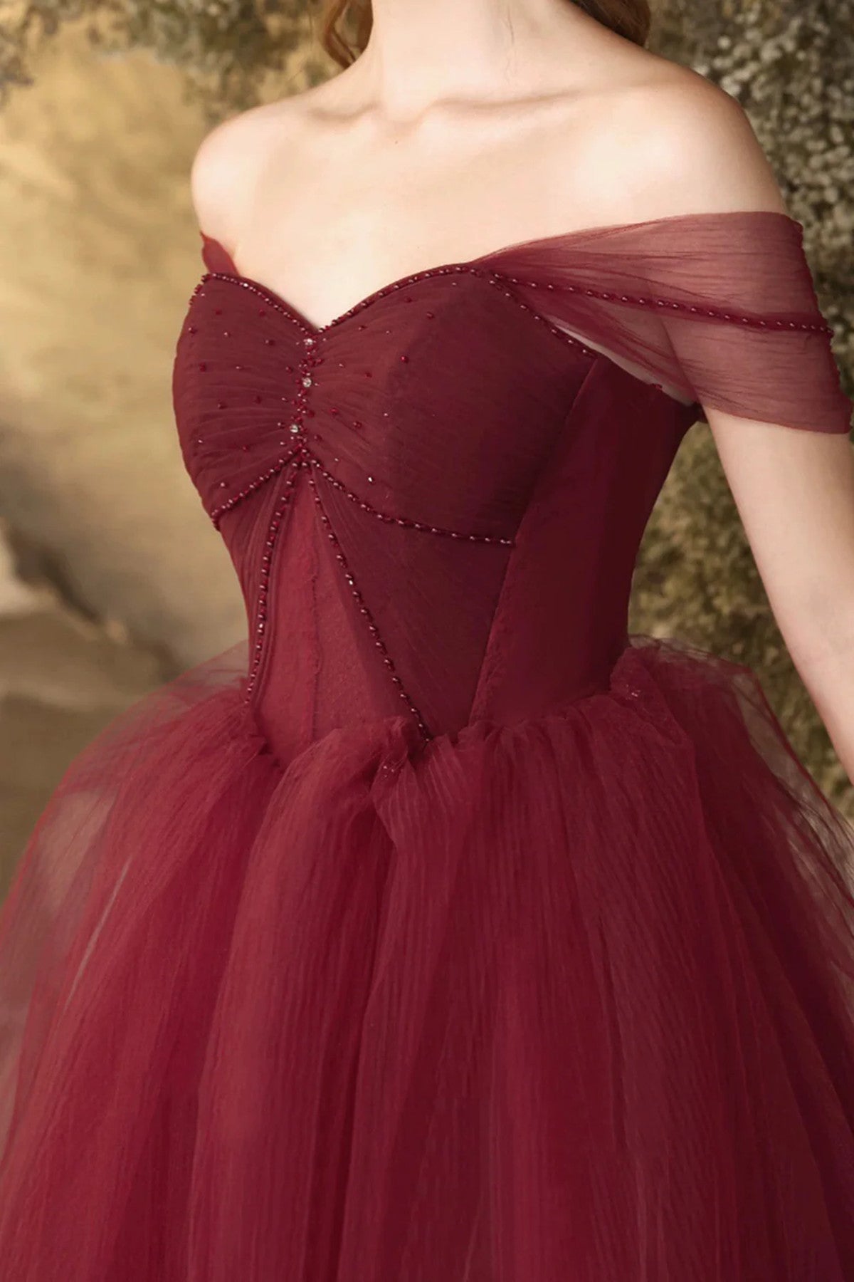 Off the Shoulder Burgundy Tulle Long Prom Dresses, Off Shoulder Wine R ...