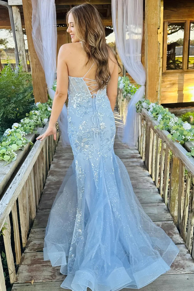 Open Back Mermaid Light Blue Lace Long Prom Dresses, Mermaid Light Blu ...