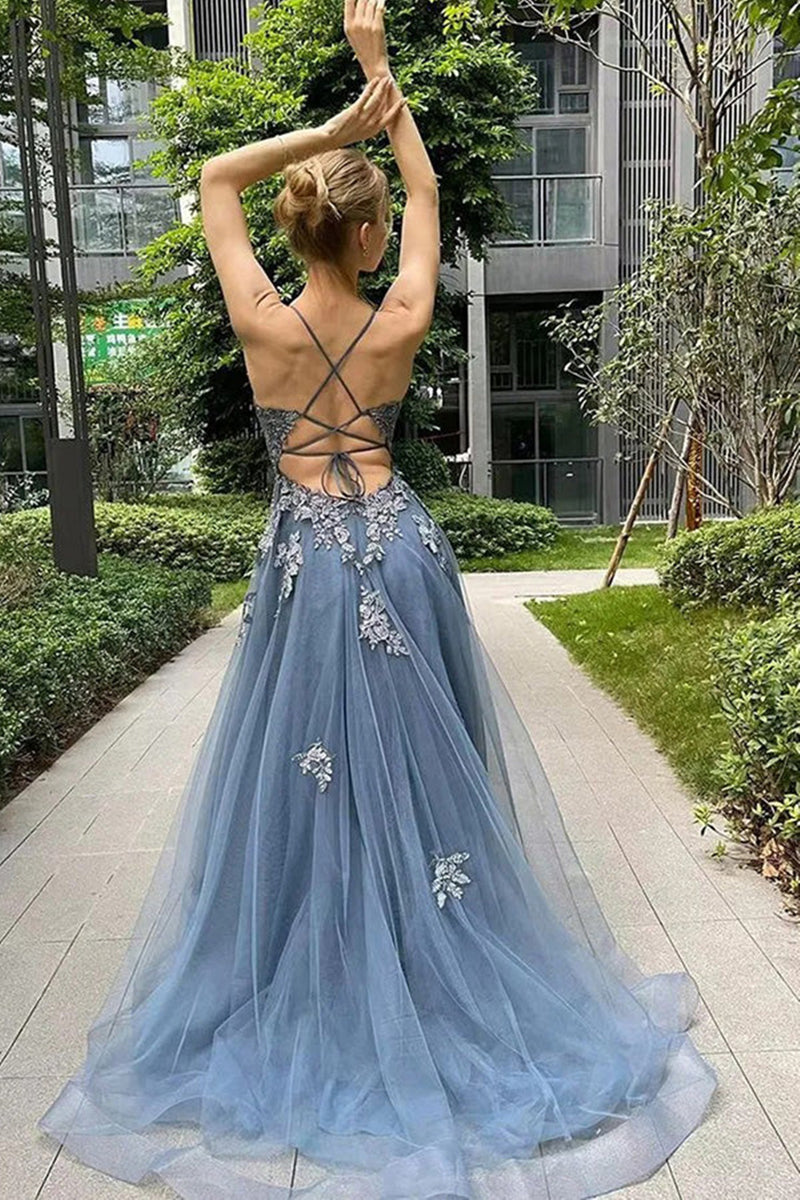 Open Back V Neck Blue Gray Lace Long Prom Dresses with High Slit, Blue ...