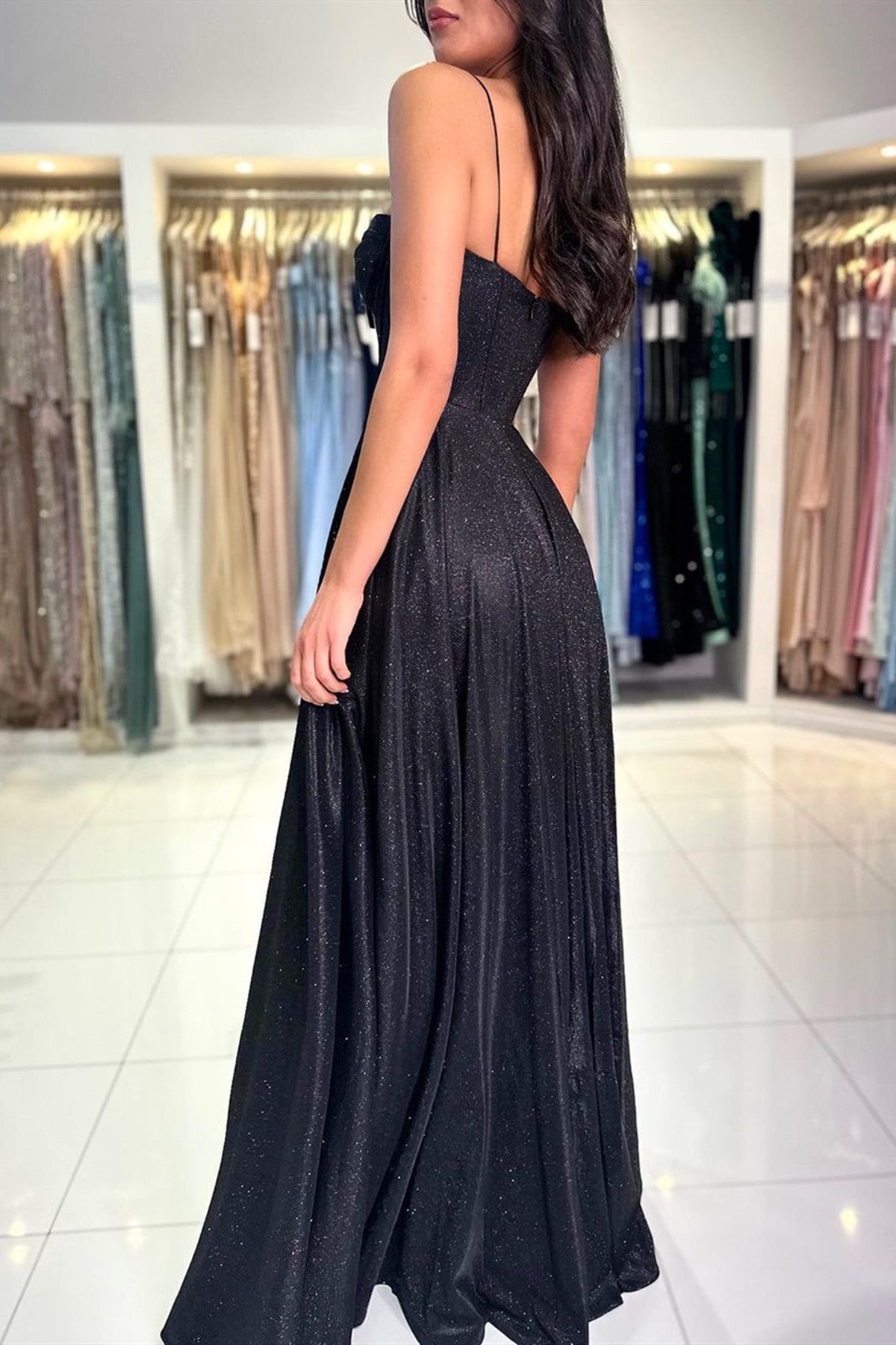 Shiny Black High Slit Long Prom Dreses, High Slit Shiny Formal Evening ...