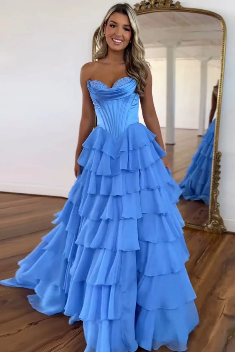 Strapless Lace Layered Long Prom Dresses, Lace Layered Long Formal Eve ...