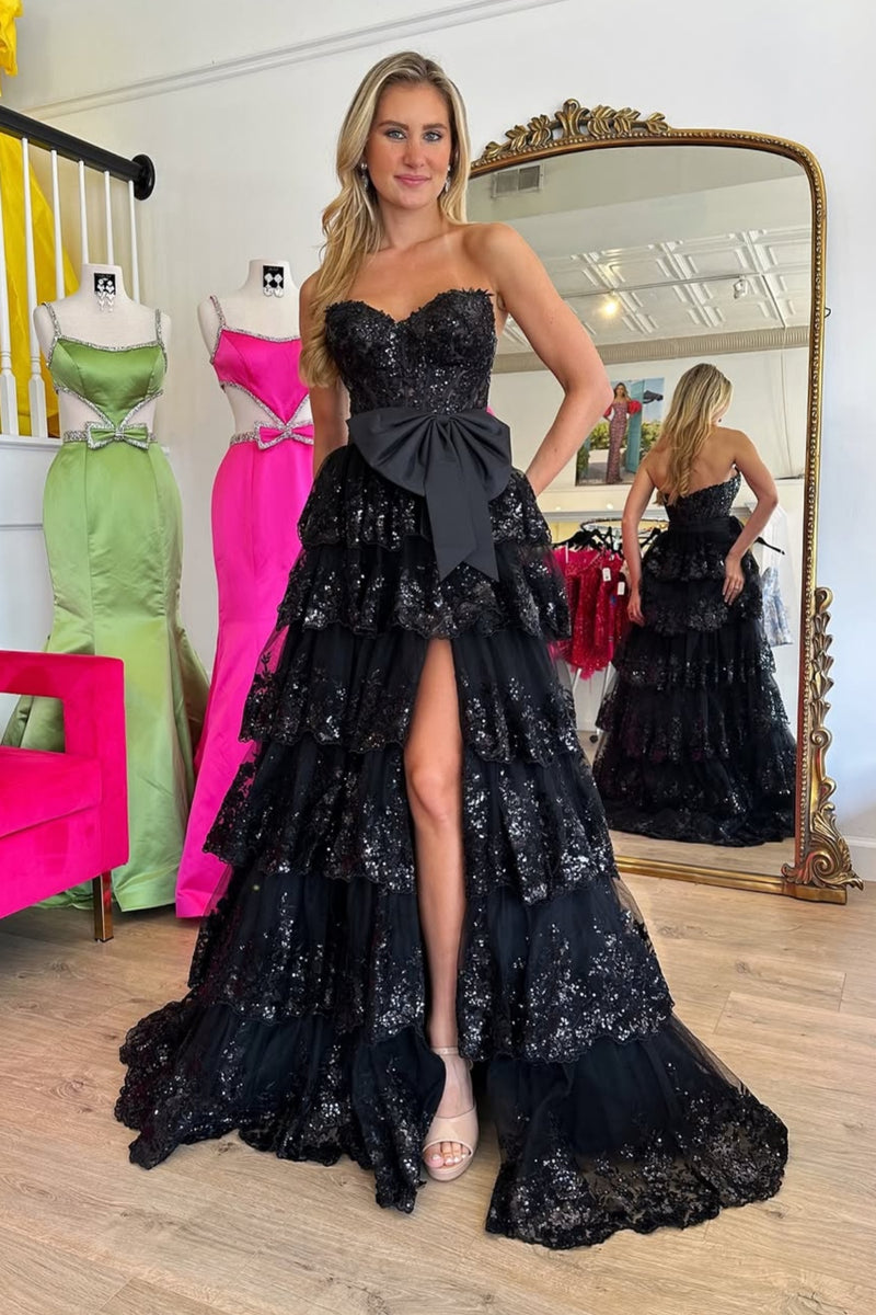 Sweetheart Neck Black Lace Layered Long Prom Dresses, Black Lace Layer ...
