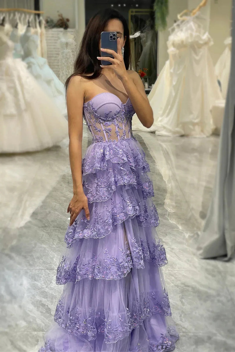 Sweetheart Neck Purple Lace Layered Prom Dresses, Purple Lace Layered ...