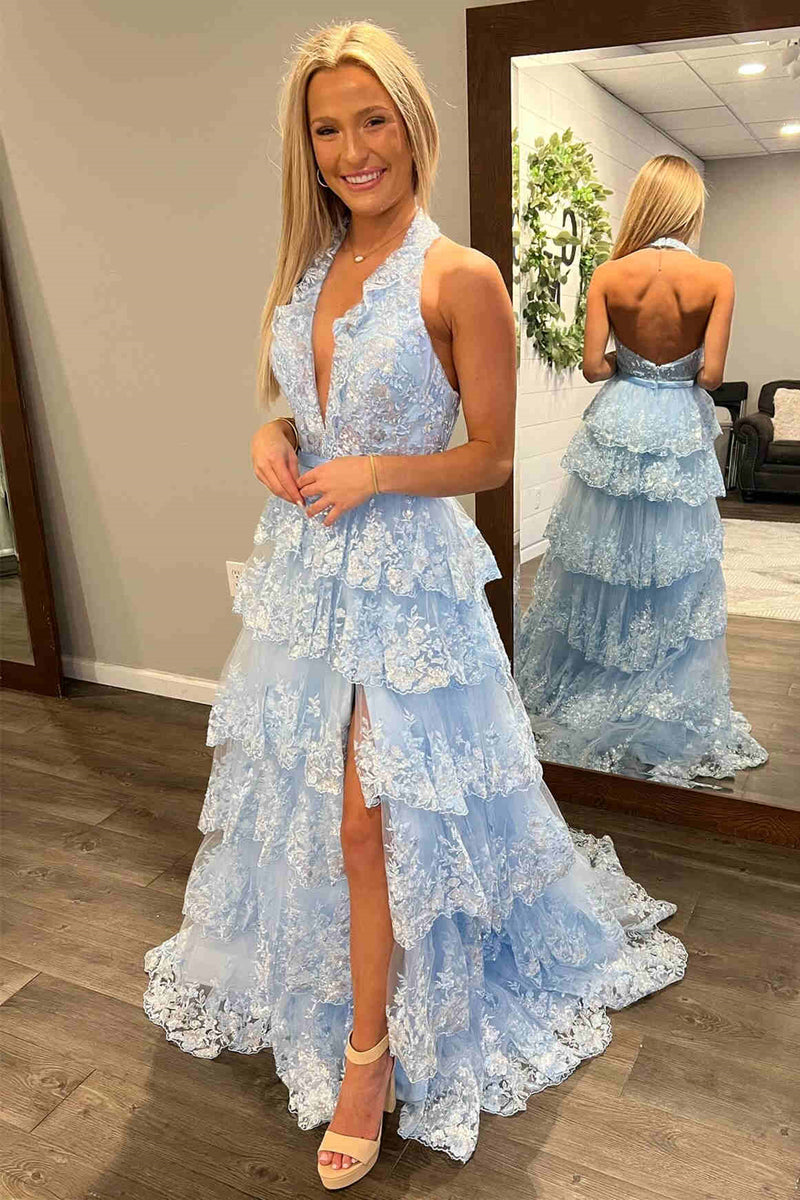 V Neck Blue Black Backless Layered Long Prom Dresses, Open Back Blue B ...