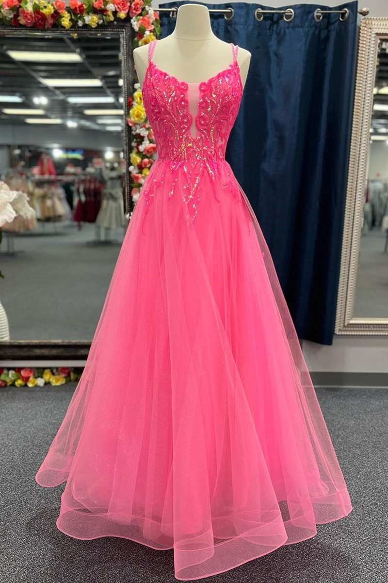 V Neck Hot Pink Backless Lace Prom Dresses, Open Back Hot Pink Lace Fo ...