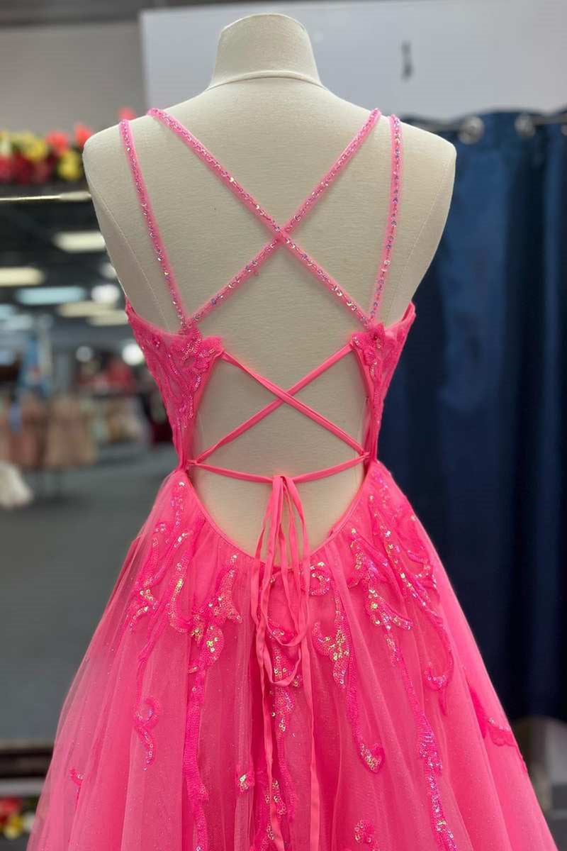 V Neck Hot Pink Backless Lace Prom Dresses, Open Back Hot Pink Lace Fo ...