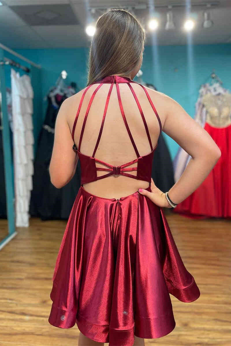 V Neck Short Backless Burgundy Prom Dresses, Wine Red Short Formal Hom ...