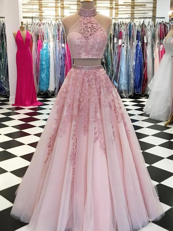 2 Pieces Pink Red Lace Prom Dresses, Two Pieces Pink Red Tulle Lace Fo ...