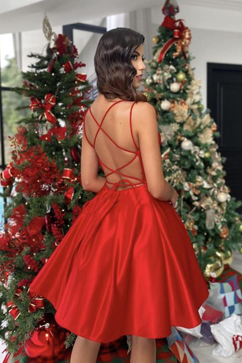 A Line Backless Red Satin Short Prom Dresses, Backless Red Homecoming ...