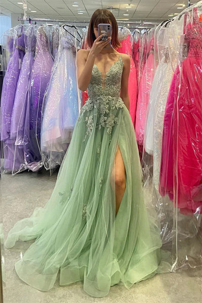 A Line V Neck Sage Green Lace Prom Dresses, Green Lace Formal Gradutio ...