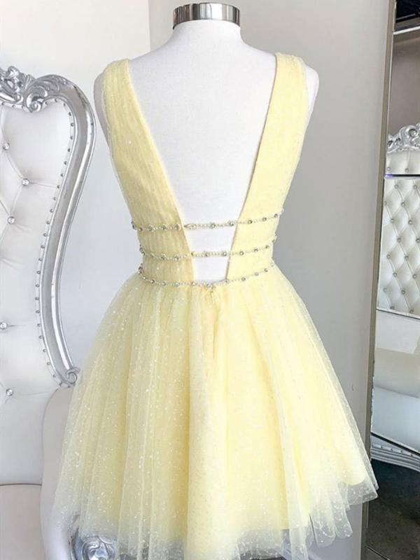 A Line V Neck Short Yellow Prom Dresses, Short V Neck Yellow Formal Ho ...