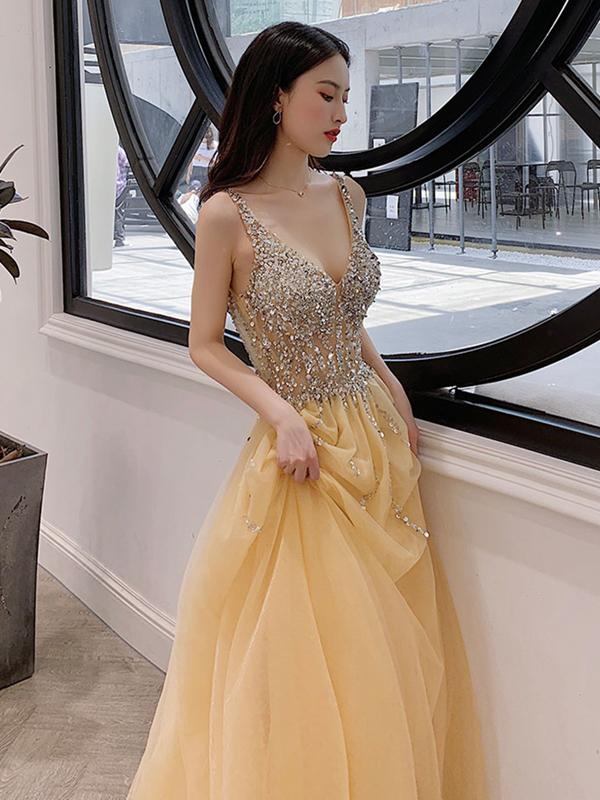 A Line V Neck Yellow Backless Long Prom Dresses, Open Back Yellow Long ...