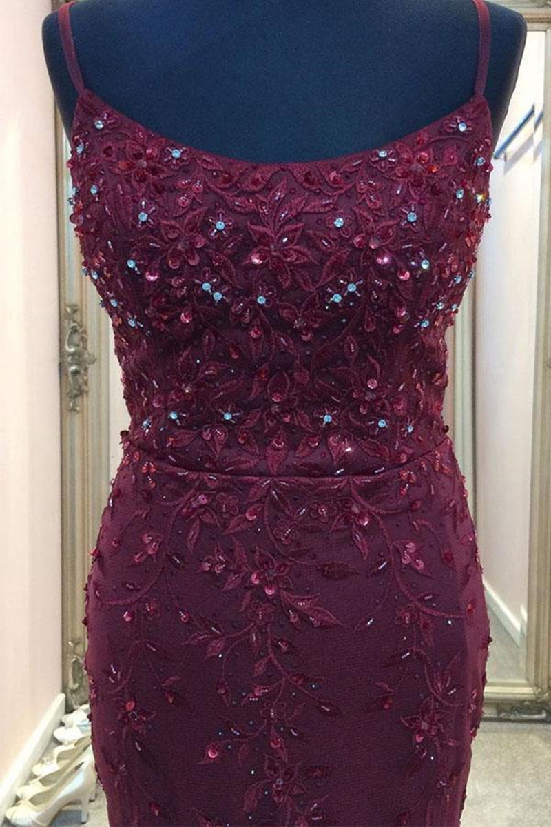 Backless Mermaid Beaded Maroon Lace Long Prom Dresses, Backless Burgun ...