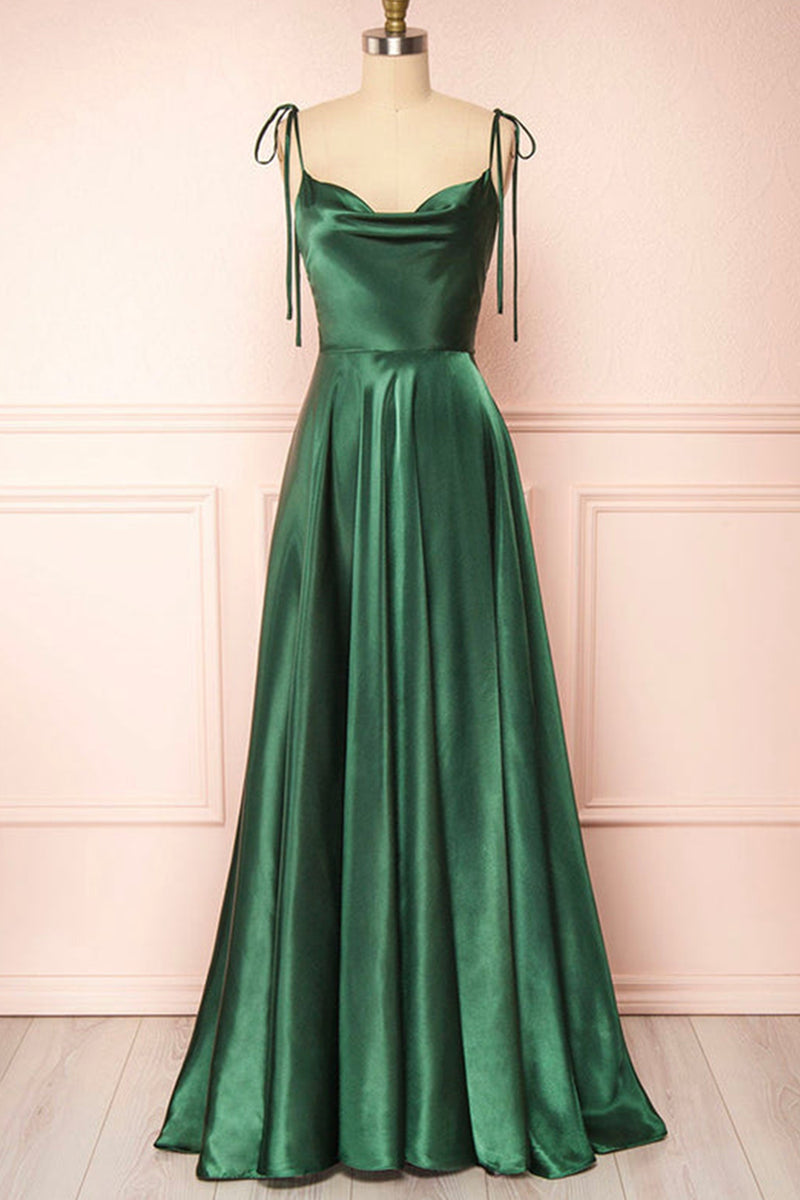 Elegant Backless Green Satin Long Prom Dresses, Backless Green Formal ...