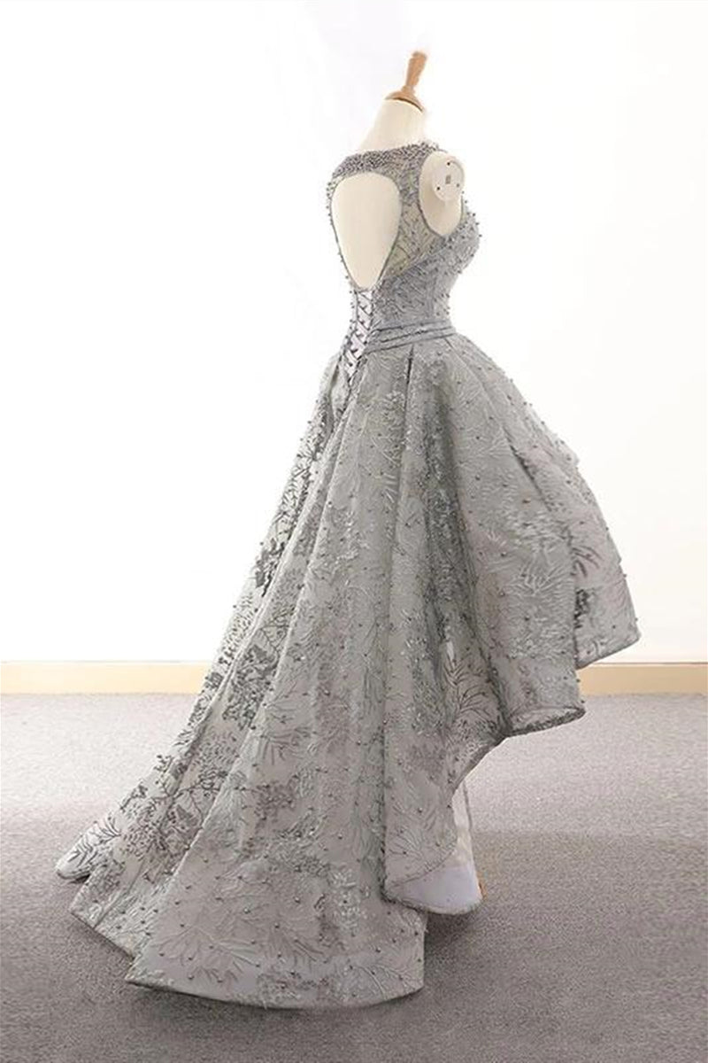 High Low Round Neck Open Back Beaded Silver Gray Lace Prom Dresses, Hi ...