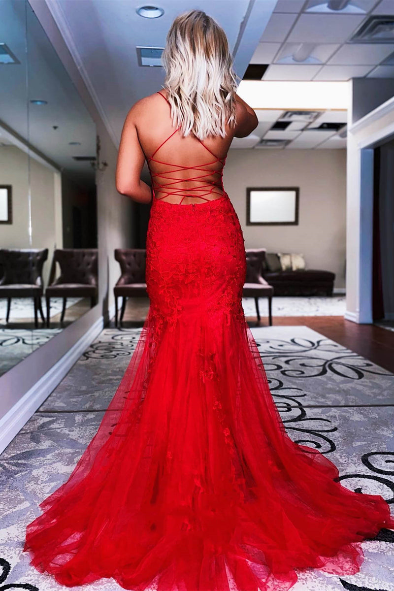 Mermaid Backless Red Lace Tulle Long Prom Dresses, Mermaid Red Formal ...