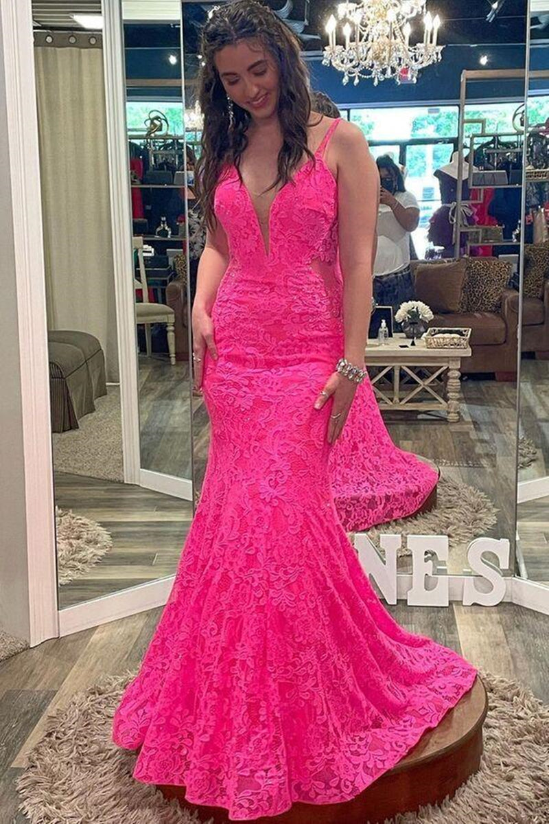 Mermaid V Neck Hot Pink Lace Long Prom Dresses, Hot Pink Mermaid Forma ...