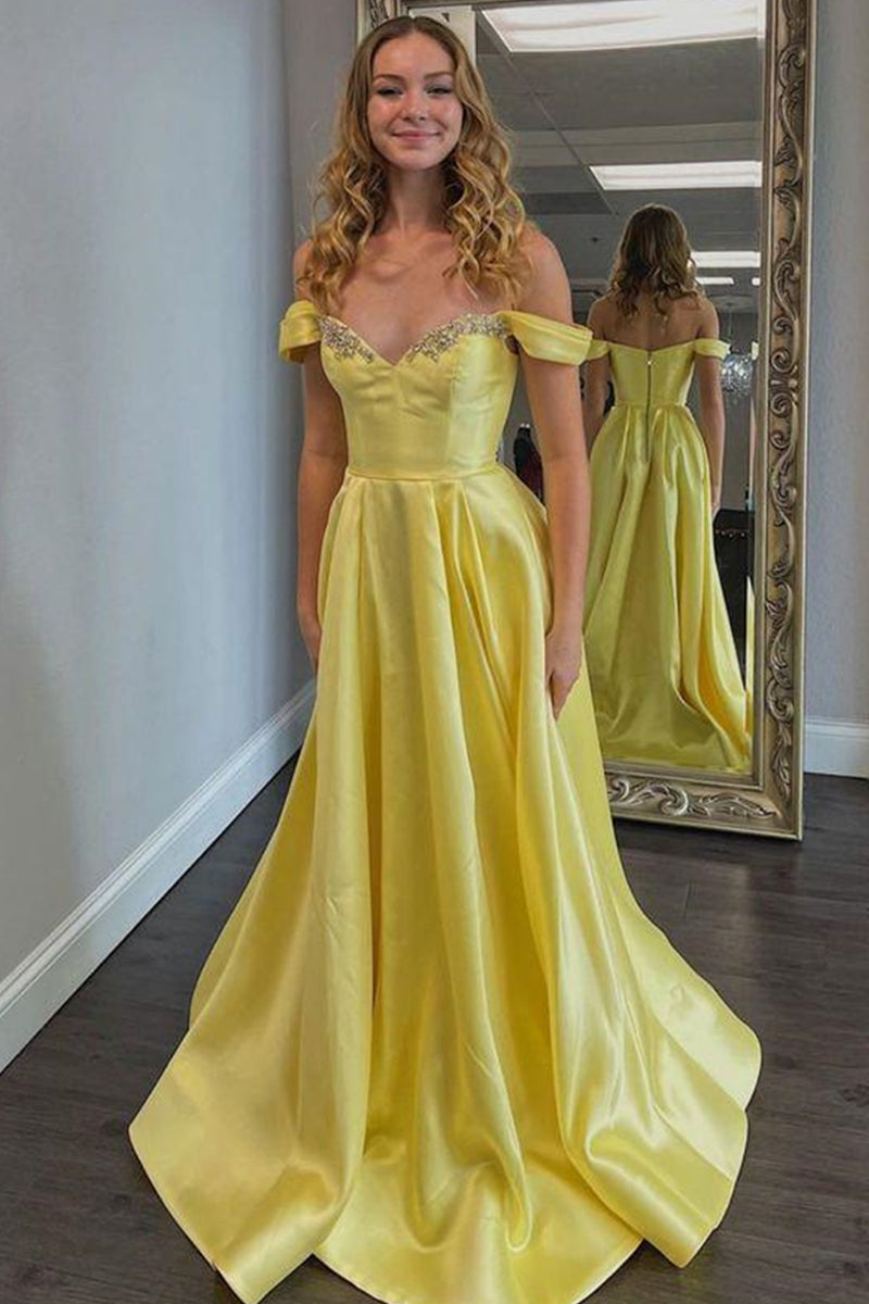 Off Shoulder Yellow Satin Long Prom Dresses, Yellow Formal Graduation ...