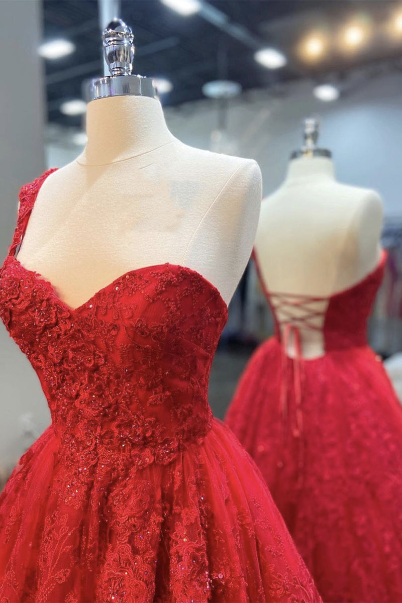 One Shoulder Open Back Red Lace Long Prom Dresses, Sweetheart Neck Red ...