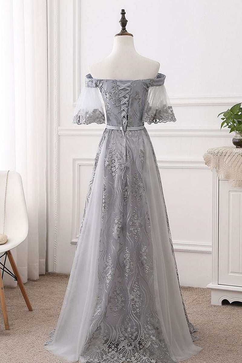 Short Sleeves Grey Lace Long Prom Dresses, Short Sleeves Gray Lace Lon ...