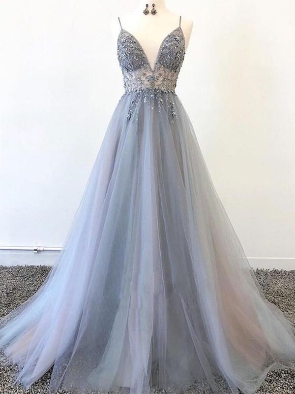 Silver Grey V Neck Floor Length Long Beaded Prom Dresses, Grey Long Be ...