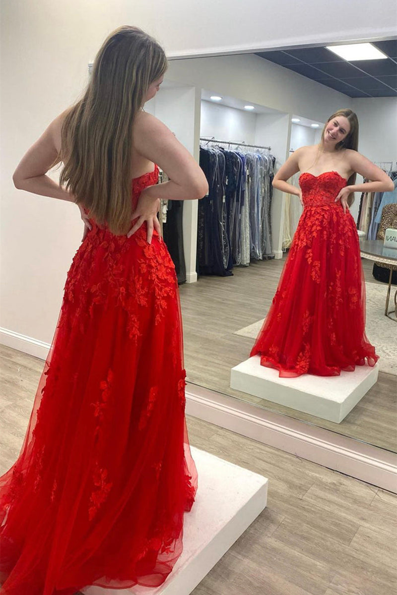 Strapless Red Lace Floral Long Prom Dresses, Red Lace Formal Dresses ...