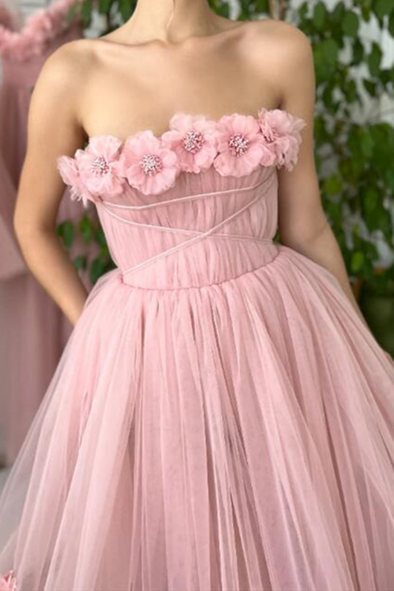 Tea Length Pink Floral Prom Dresses, Pink Tea Length Floral Formal Hom ...
