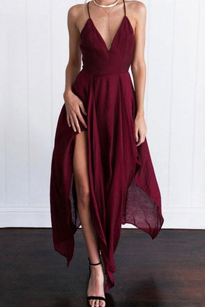 V Neck Backless Long Maroon/Burgundy Prom Dresses, Maroon/Burgundy Bac ...