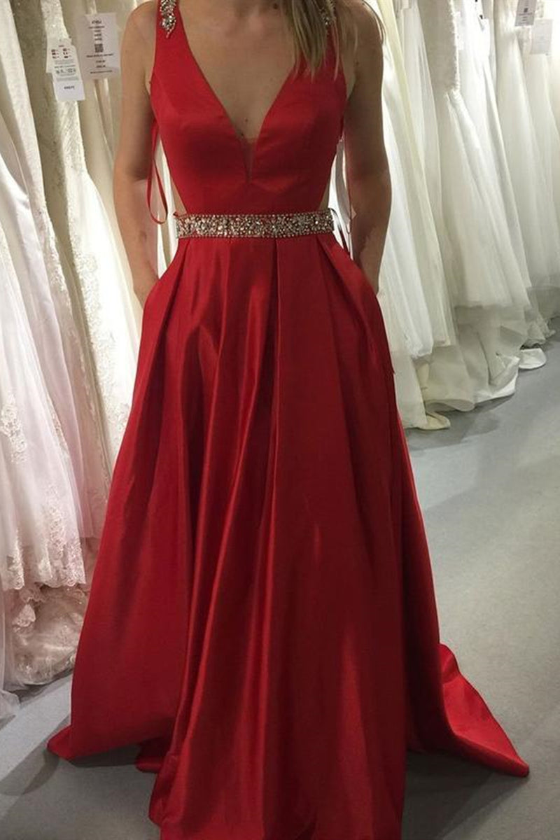 V Neck Open Back Red Long Prom Dresses with Belt, Open Back Red Forma ...