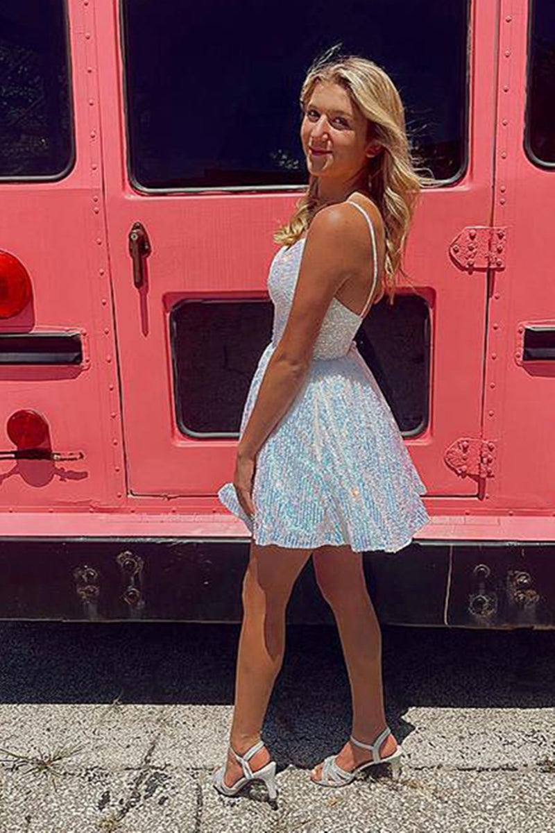 V Neck Short White Backless Prom Dresses, Open Back Short White Formal ...