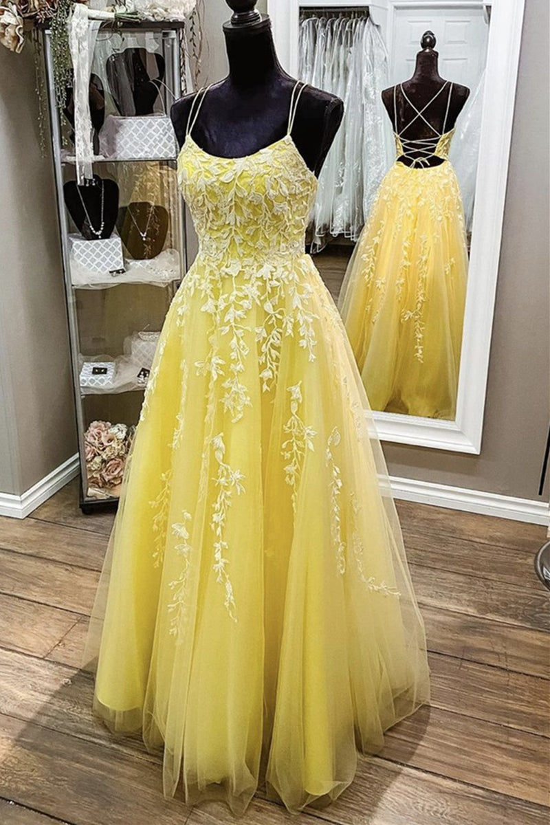 Yellow Lace Backless A Line Long Prom Dress Open Back Formal Dress Yel ...